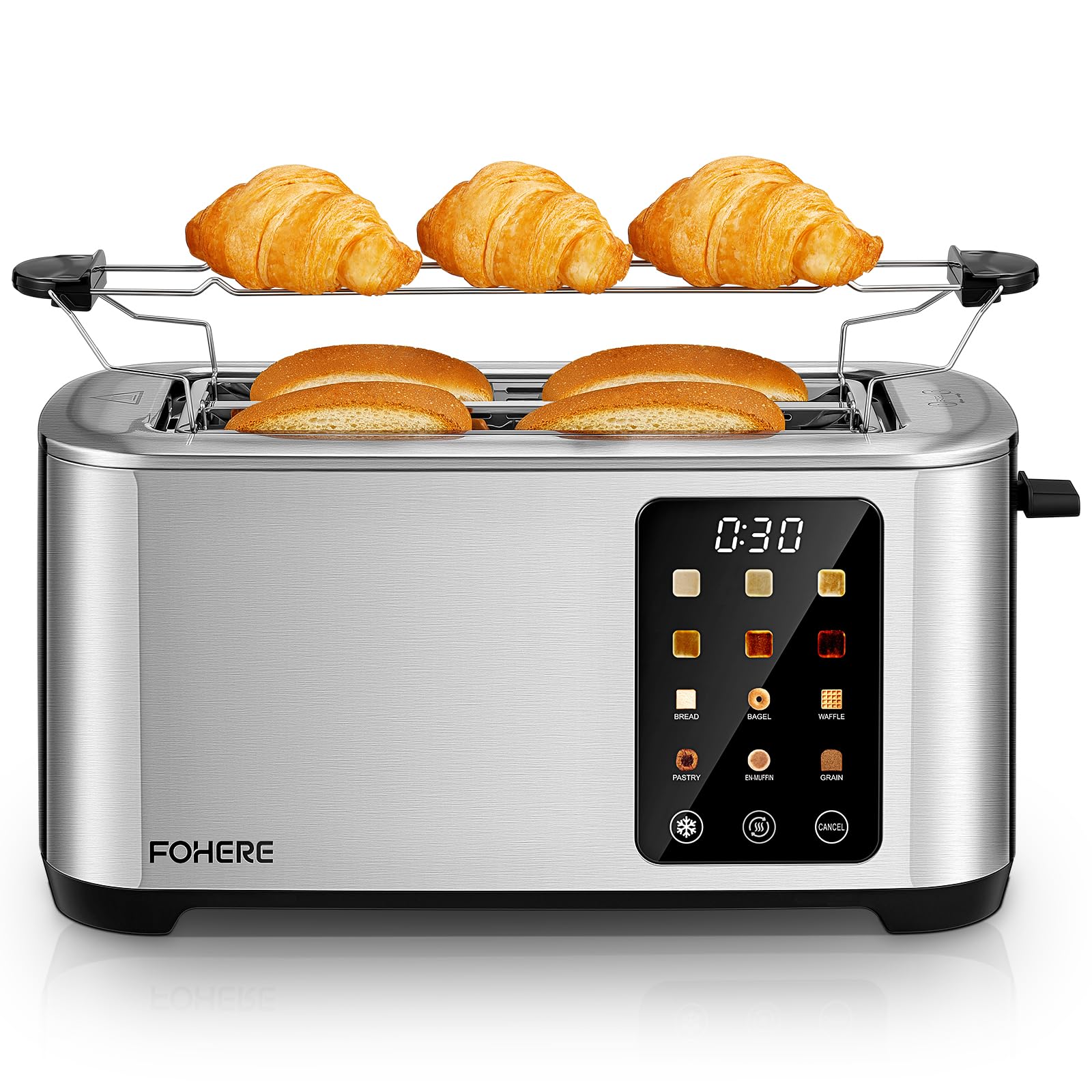 4 Slice Toaster Touch Screen Control, Long Extra Wide Slots Smart Bread Toaster, 6 Bread Types & 6 Shade Settings, Stainless Steel Toaster, with Removable Tray, Cancel/Defrost/Reheat Function, Sliver