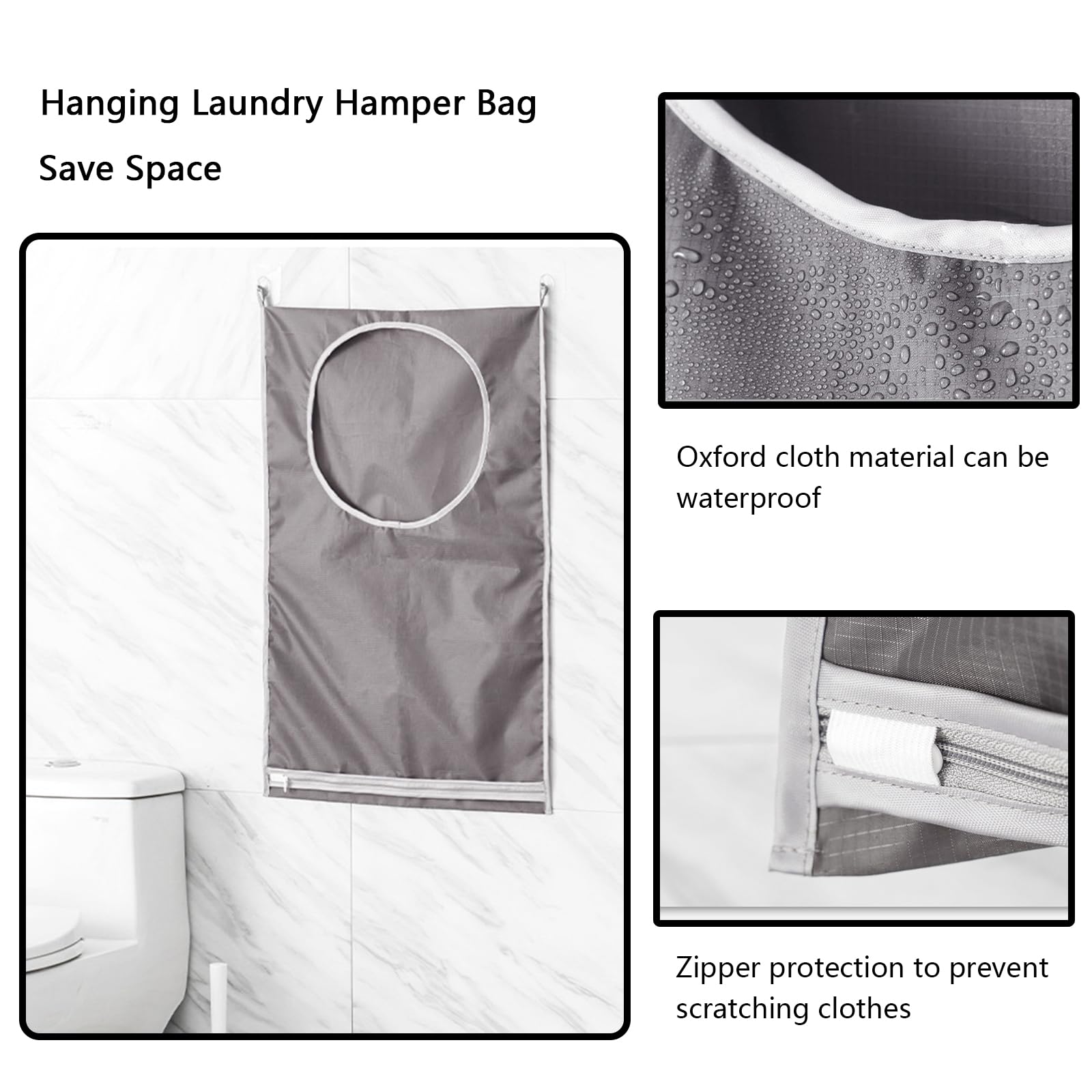 Resdenio Hanging Laundry Hamper Bag, Portable Laundry Bag, Large Foldable Wall Hanging Laundry Basket with 2 Adhesive Hooks for Dirty Clothes Organization and Storage,30 x 20 Inch Gray