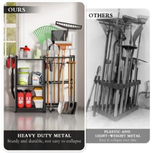 CICUFY Garden Tool Organizer Storage Metal Yard Tool Organizer Heavy Duty Garden Tool Rack Stand with 2 Extra Hooks, Up To 70 Long Handled Shovels/Rakes/Brooms Holder for Garage,Shed,Outdoor(Black)