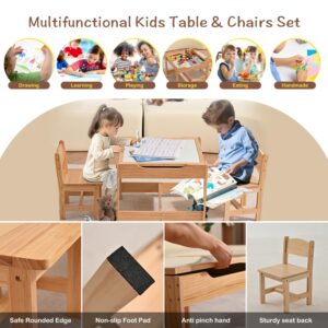 Wood 3 in 1 Kids Table and Chairs Set with Storage New Enamel Whiteboard and Built in Plate Detachable Tabletop Children Furniture Toddler 3 Piece Set Ideal for Arts & Crafts Dining Homework & More