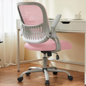 sweetcrispy office computer desk chair, ergonomic mid-back mesh rolling work swivel task chairs with wheels, comfortable lumbar support, comfy flip-up arms for home, bedroom, study, student, pink