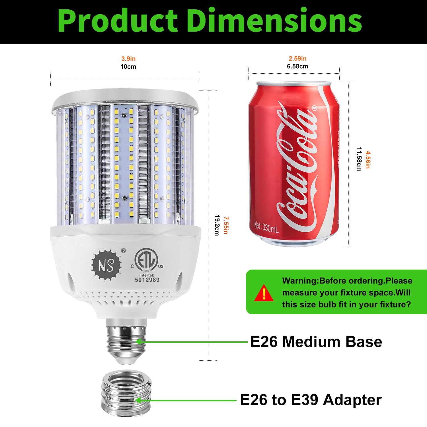 NS 2 Pack 80W LED Corn Bulb, 12000LM 5000K Daylight Cold White LED Bulb E26/E39 Mogul Base Open Semi-Closed Lamp Applicable to Parking Lot Column Top Rear Yard Lamp Garage Office AC100-277V