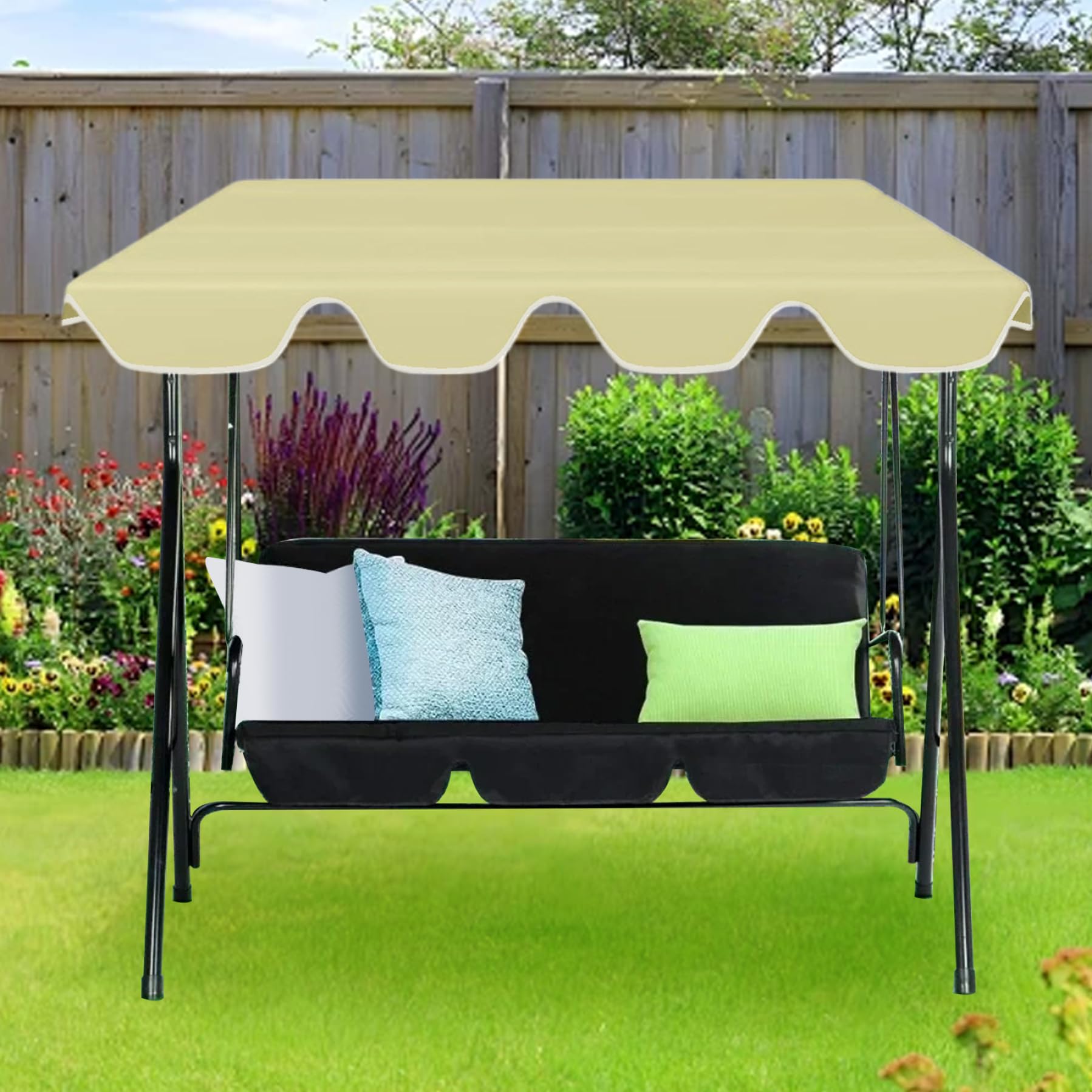 Swing Canopy Replacement, 77x49x6in Waterproof Oxford Cloth Outdoor Swing Canopy Replacement Top with Fixing Strap, Anti-UV Swing Canopy Replacement Cover for 3 Seater Swing Chairs