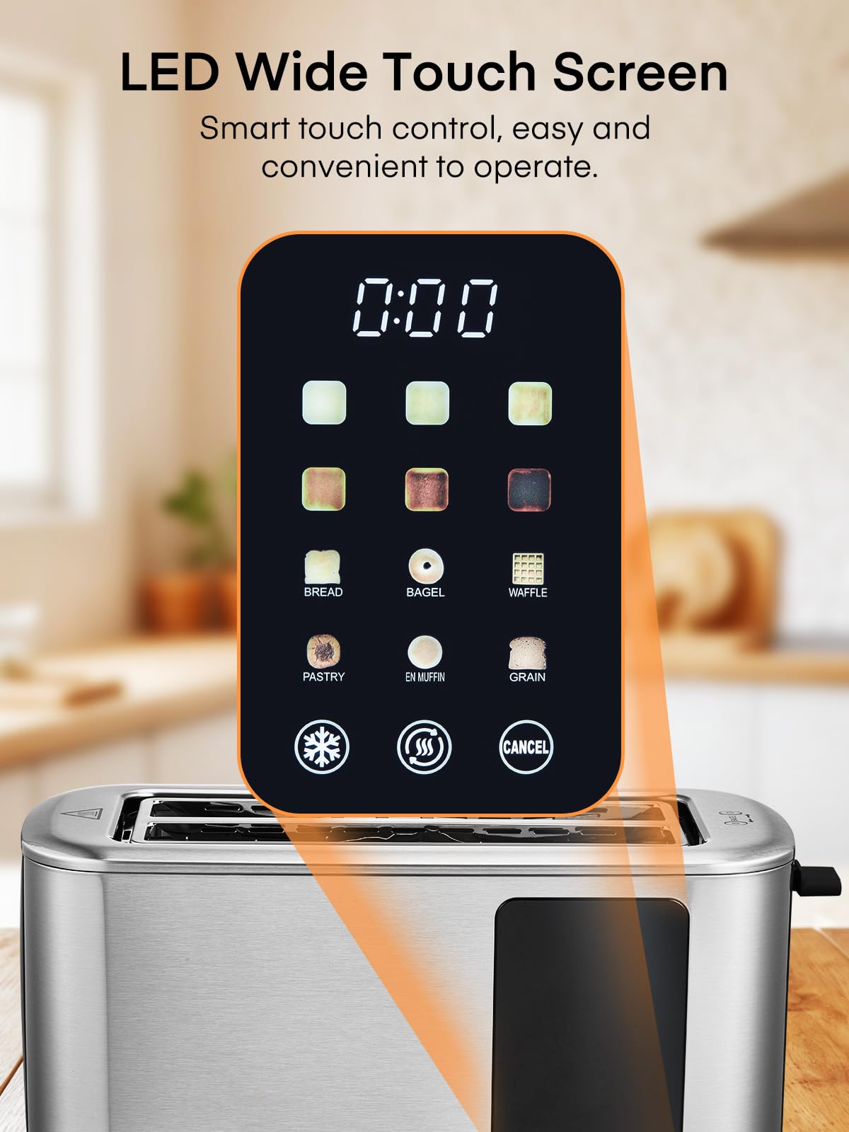 4 Slice Toaster Touch Screen Control, Long Extra Wide Slots Smart Bread Toaster, 6 Bread Types & 6 Shade Settings, Stainless Steel Toaster, with Removable Tray, Cancel/Defrost/Reheat Function, Sliver