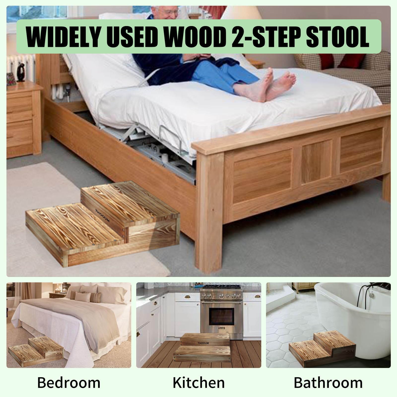 Wooden 2 Step Stool for High Beds, Moderate & Applicable 2-Step Stools for Seniors, Solid Wood steppingStool, Built-in Handle for Easy Carrying, 20.0" W