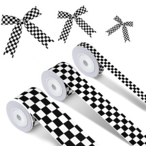 3 rolls white checkered printed ribbon black grosgrain ribbon,0.4, 0.87, 1.5 inch wide, 15 yards in total, car theme checkered ribbon ， for diy crafts wreath racing car party wreath decorations