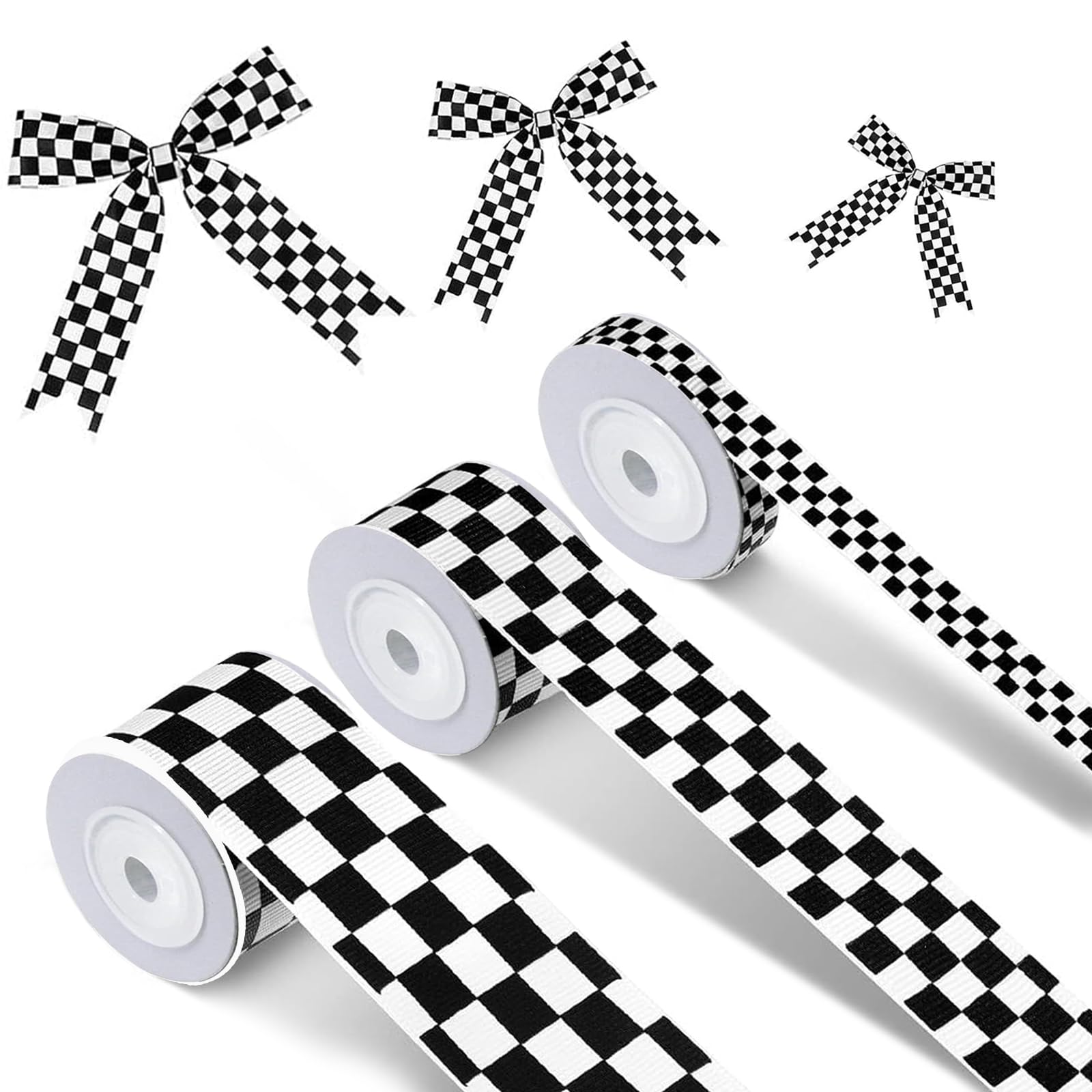 3 Rolls White Checkered Printed Ribbon Black Grosgrain Ribbon,0.4, 0.87, 1.5 Inch Wide, 15 Yards in Total, Car Theme Checkered Ribbon ， for DIY Crafts Wreath Racing Car Party Wreath Decorations