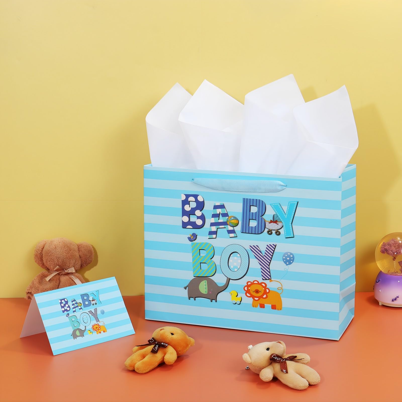 13" Large Baby Boy Gift Bag with Tissue Paper and Greeting Card for Kids, Baby Shower, Birthday Party（Cartoon animal design)