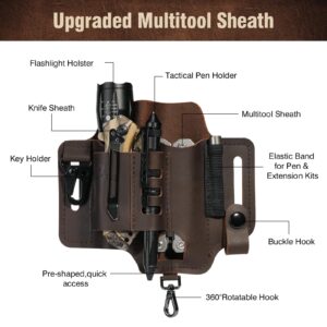 Multitool Sheath for Belt, Leather EDC Pocket Organizer with 3 Hooks, Flashlight Holster, Pen & Keys Holder, Knife Sheath for Daily & Outdoor Use, EDC Tool Pouch for Men, Brown