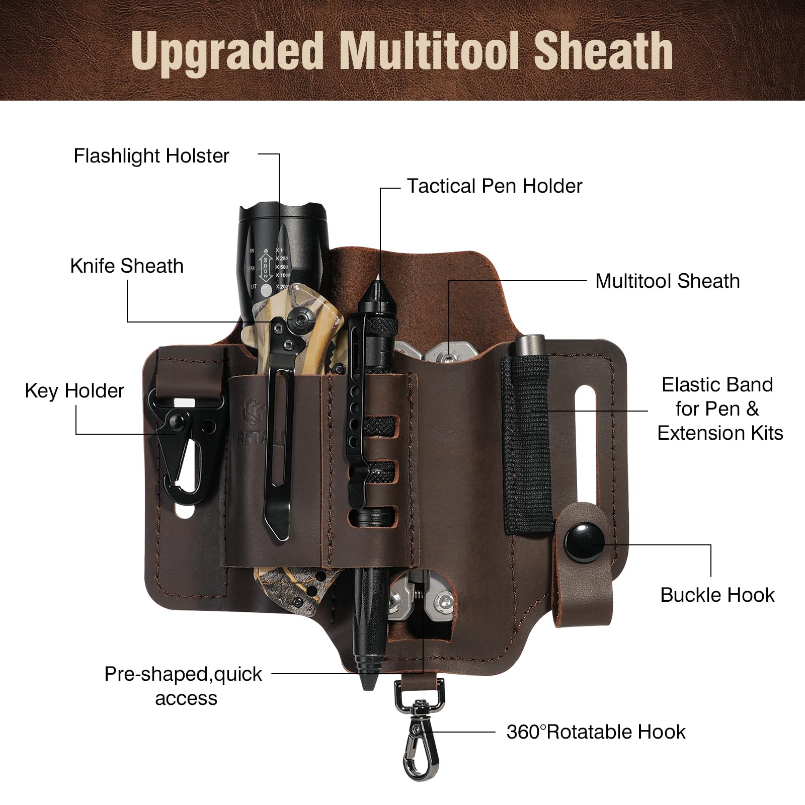 Multitool Sheath for Belt, Leather EDC Pocket Organizer with 3 Hooks, Flashlight Holster, Pen & Keys Holder, Knife Sheath for Daily & Outdoor Use, EDC Tool Pouch for Men, Brown