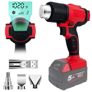 cordless heat gun for milwaukee 18v battery, 122℉-1022℉ hot air gun with digital lcd display, adjustable temp and air control with 4 nozzles for crafts, shrinking pvc, stripping paint (bare tool)