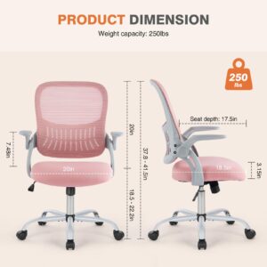 Sweetcrispy Office Computer Desk Chair, Ergonomic Mid-Back Mesh Rolling Work Swivel Task Chairs with Wheels, Comfortable Lumbar Support, Comfy Flip-up Arms for Home, Bedroom, Study, Student, Pink