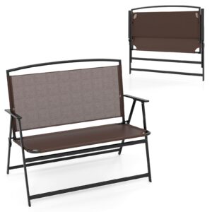 tangkula folding outdoor garden bench, 2-person patio bench with backrest and armrests, outdoor portable folding loveseat for front porch, backyard (brown)