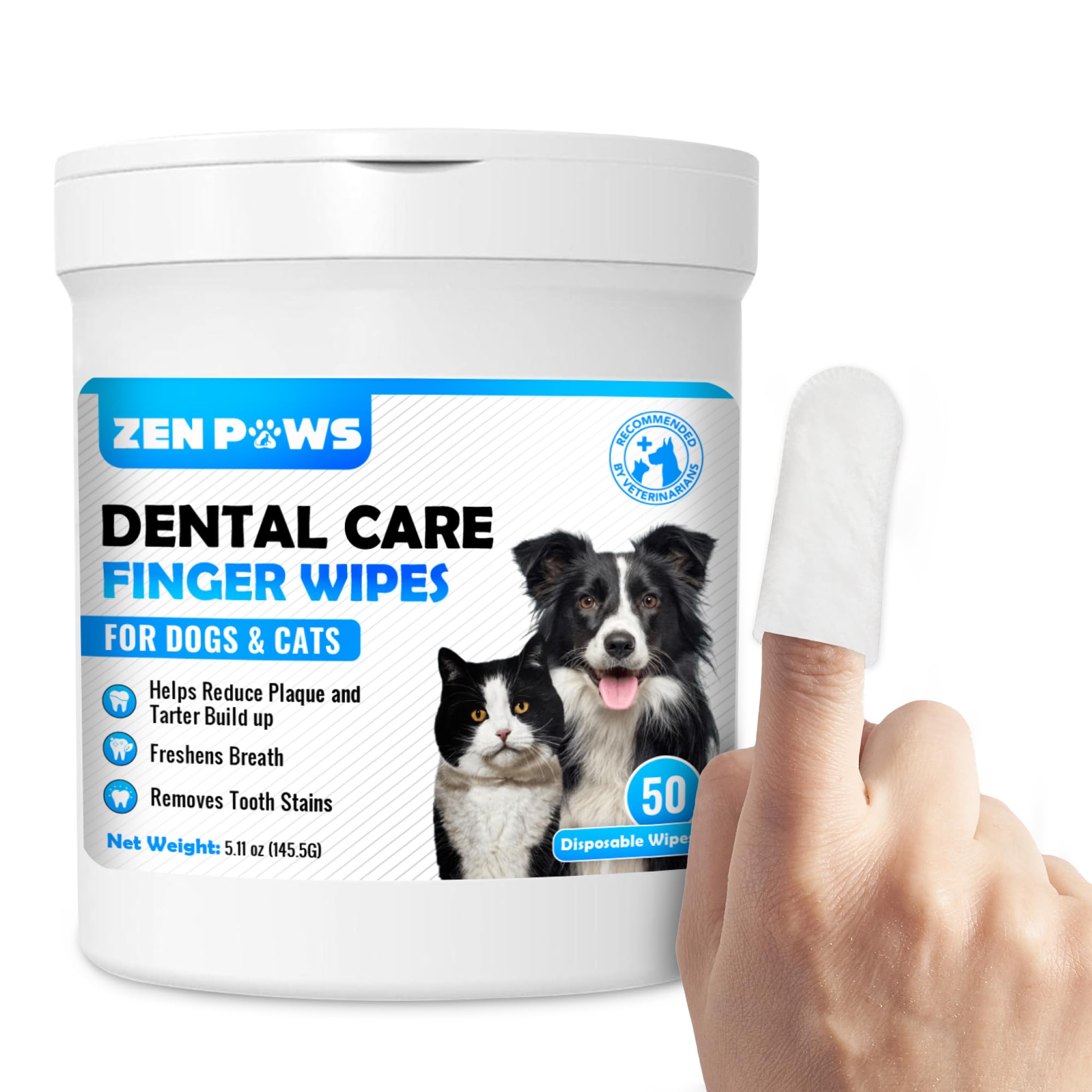 Teeth and Gum Cleaning Wipes for Dogs & Cats - Reduces Plaque, Tarter Buildup & Freshens Breath No-Rinse Disposable Dog Finger Toothbrush Pet Wipes, 50 pcs