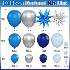 Blue Silver Balloon Arch Garland Kit, Navy Blue Silver Blue Pastel Blue Latex Party Balloon with Silver Blue Star Foil Balloon for Birthday Baby Shower Wedding Graduation Anniversary Party Decor