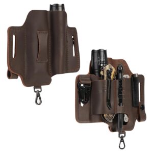 Multitool Sheath for Belt, Leather EDC Pocket Organizer with 3 Hooks, Flashlight Holster, Pen & Keys Holder, Knife Sheath for Daily & Outdoor Use, EDC Tool Pouch for Men, Brown