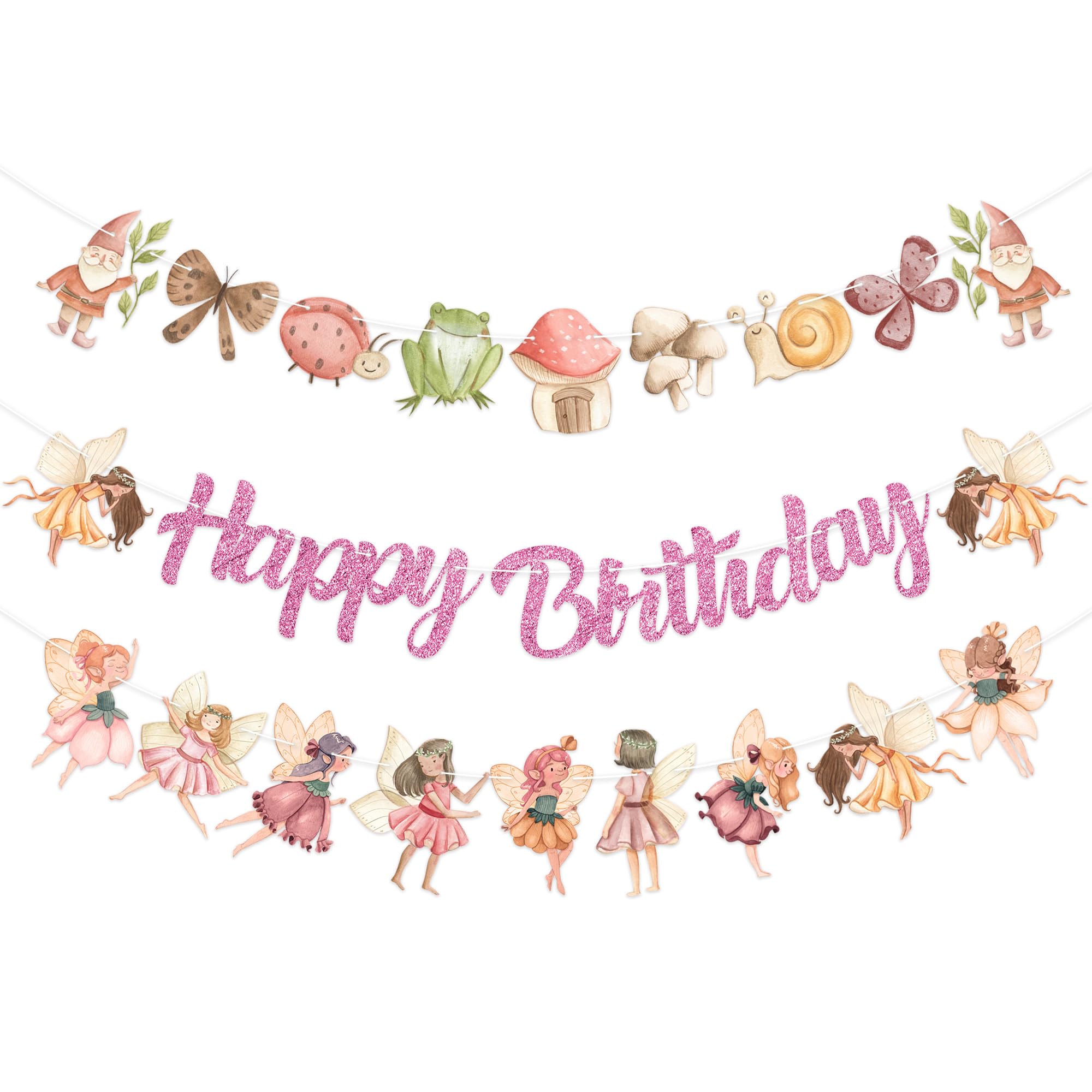 Fairy Happy Birthday Banner Pink - 3pcs Glitter Wonderland Garden Fairy Banner Garlands for Little Girl, NO DIY, Perfect for Whimsical Fairy Tale Themed Birthday Celebration Event Decorations