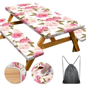 lalilo pink picnic table cover with bench covers, rose flower waterproof outdoor table cover, floral romantic fitted tablecloths for 6 foot rectangle tables, 72in