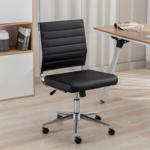 okeysen armless office desk chair, mid back ergonomic swivel conference room chair, adjustable height pu leather home desk chair, modern small rolling computer task chair, black