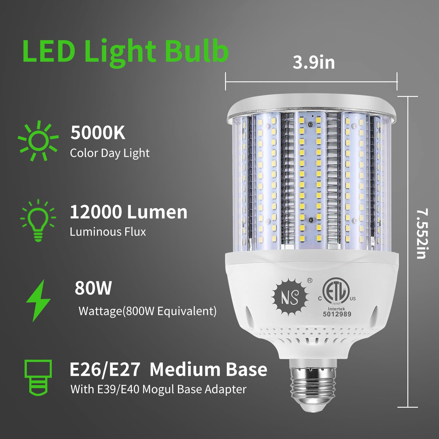 NS 2 Pack 80W LED Corn Bulb, 12000LM 5000K Daylight Cold White LED Bulb E26/E39 Mogul Base Open Semi-Closed Lamp Applicable to Parking Lot Column Top Rear Yard Lamp Garage Office AC100-277V