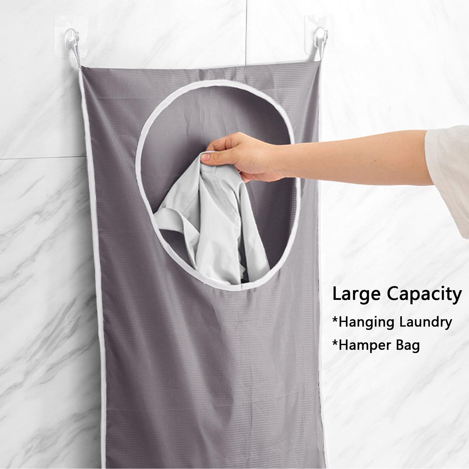 Resdenio Hanging Laundry Hamper Bag, Portable Laundry Bag, Large Foldable Wall Hanging Laundry Basket with 2 Adhesive Hooks for Dirty Clothes Organization and Storage,30 x 20 Inch Gray