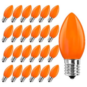 romasaty 25pack c9 orange light bulbs, c9 orange halloween replacement bulbs for indoor outdoor halloween string lights (e17/c9 candelabra base sockets), 7w