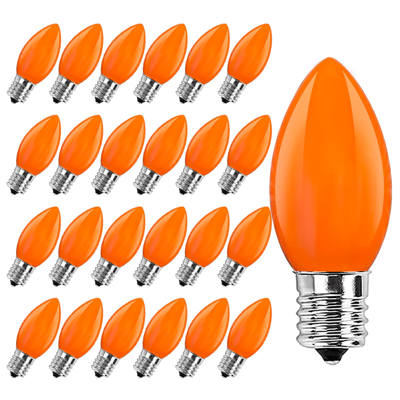 Romasaty 25Pack C9 Orange Light Bulbs, C9 Orange Halloween Replacement Bulbs for Indoor Outdoor Halloween String Lights (E17/C9 Candelabra Base Sockets), 7W