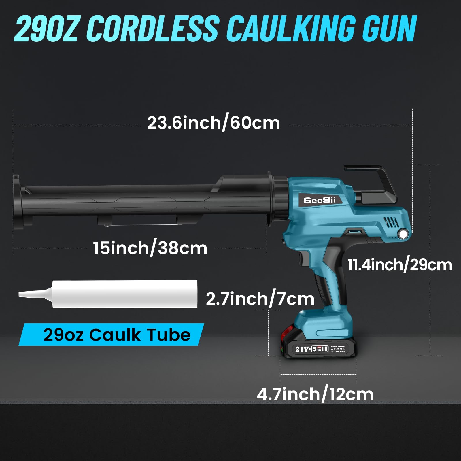 Seesii Cordless Caulking Gun, 29oz Electric Caulking Gun w/ 2000mAh Li-ion Battery, Caulk Gun with Stepless Speed Control, LED Light, 360° rotating head for Filling, Sealing