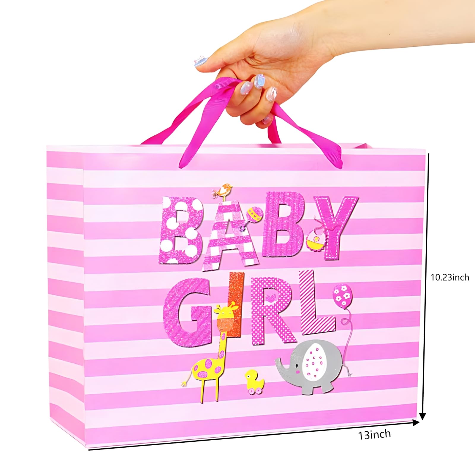 13" Large Baby Girl Gift Bag with Tissue Paper and Greeting Card for Kids, Baby Shower, Birthday Party（Cartoon animal design)