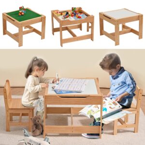 wood 3 in 1 kids table and chairs set with storage new enamel whiteboard and built in plate detachable tabletop children furniture toddler 3 piece set ideal for arts & crafts dining homework & more