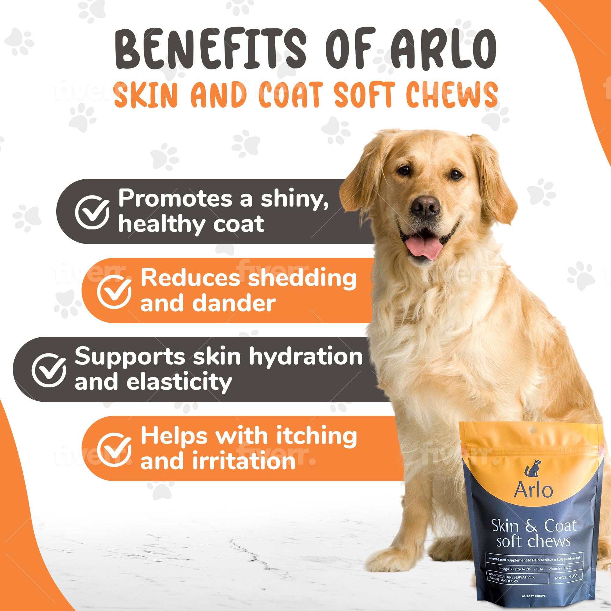 Arlo Pet Supplies Skin and Coat Supplement for Dogs, 60 Soft Chews, Omega 3 Fatty Acids, DHA, Vitamins E and C, Restore Soft, Shiny Hair and Diminish Irritation, Made in USA