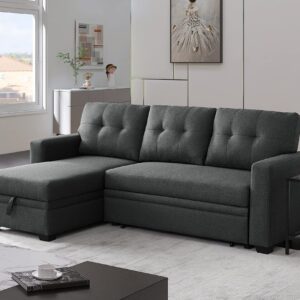 Wakefit Reversible Sectional Sofa Couch, Sleeper Sofa Bed with Storage Chaise Pull Out Couch Bed for Living Room | Hidden Stroge | Pull Out Bed | Removable Backrest | Linen Fabric, Dark Grey