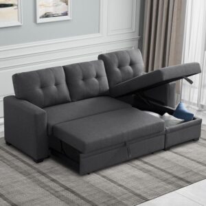 wakefit reversible sectional sofa couch, sleeper sofa bed with storage chaise pull out couch bed for living room | hidden stroge | pull out bed | removable backrest | linen fabric, dark grey