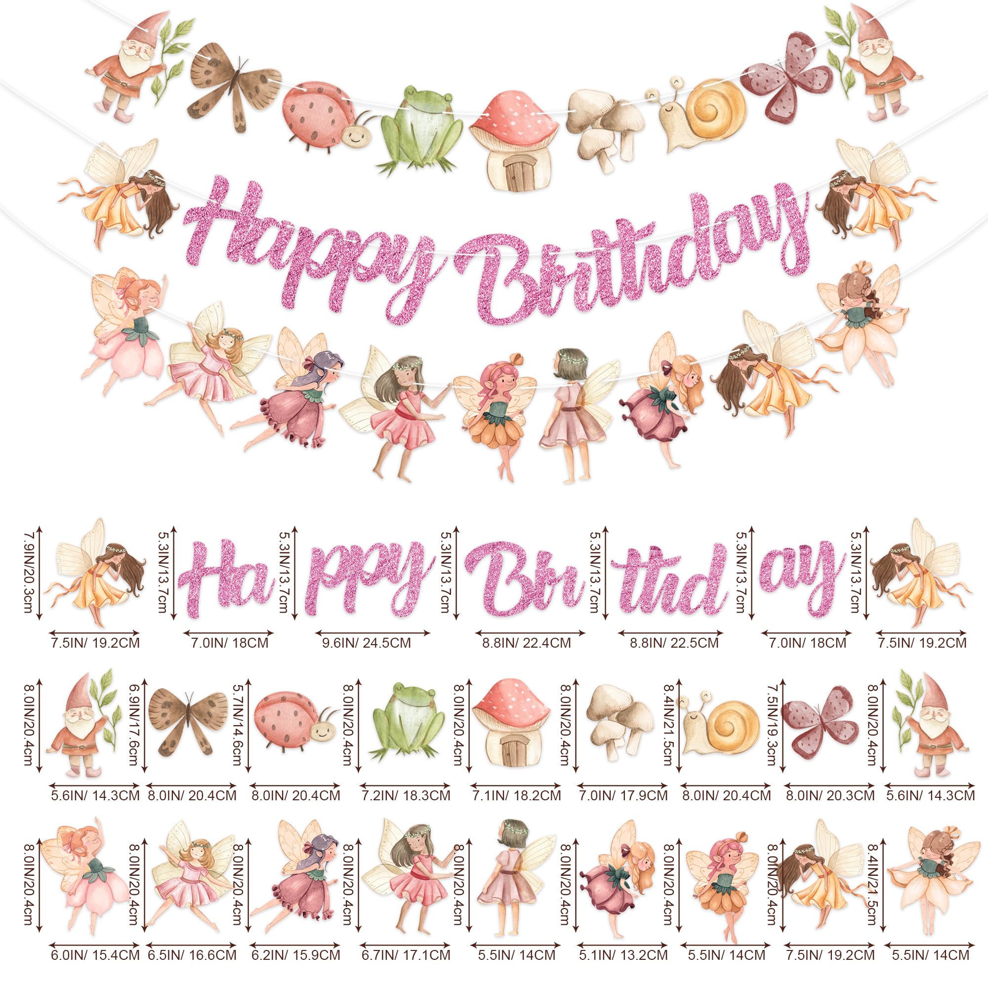 Fairy Happy Birthday Banner Pink - 3pcs Glitter Wonderland Garden Fairy Banner Garlands for Little Girl, NO DIY, Perfect for Whimsical Fairy Tale Themed Birthday Celebration Event Decorations