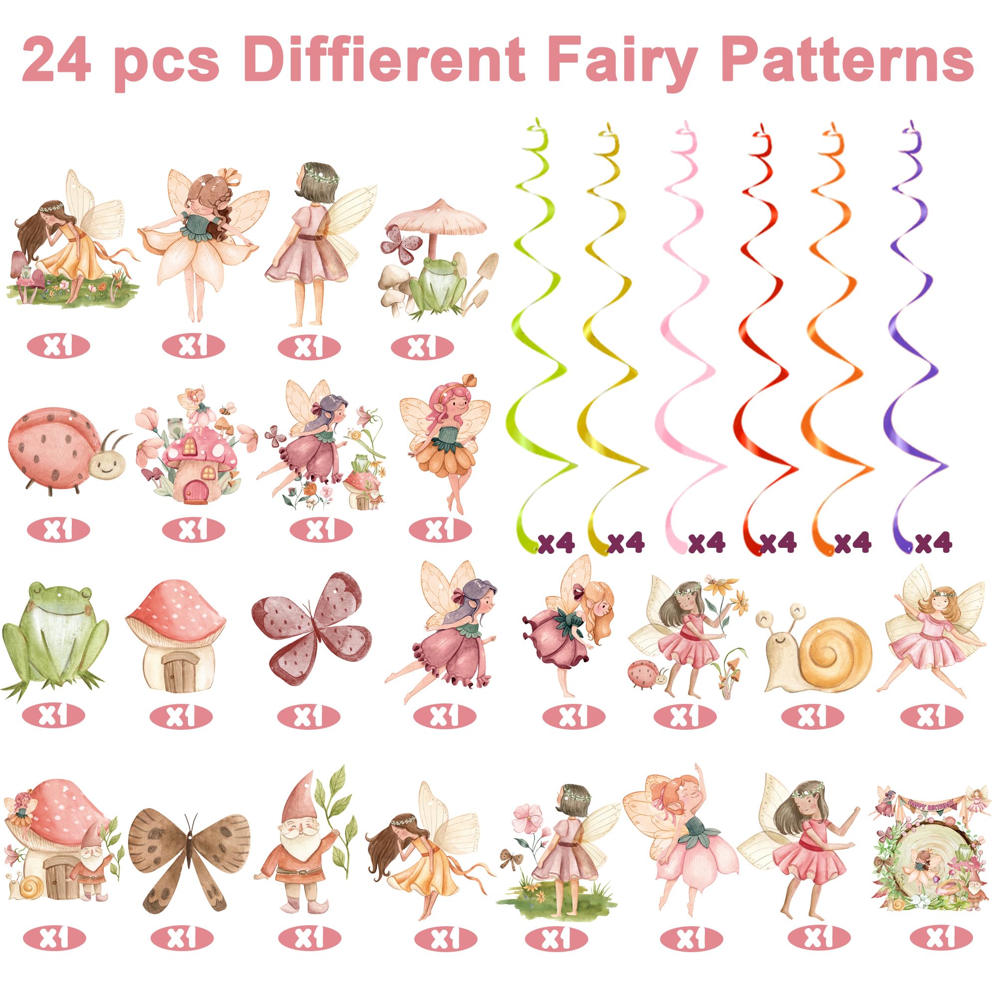 Fairy Party Hanging Swirls Ceiling Decor - NO DIY, 24 Pcs Wonderland Garden Fairy Mushroom Frog Gnome Insect Hanging Decor, Perfect for Whimsical Birthday Baby Shower Celebration Decorations