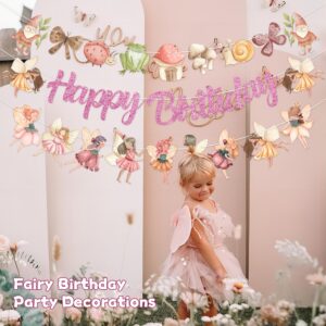 Fairy Happy Birthday Banner Pink - 3pcs Glitter Wonderland Garden Fairy Banner Garlands for Little Girl, NO DIY, Perfect for Whimsical Fairy Tale Themed Birthday Celebration Event Decorations