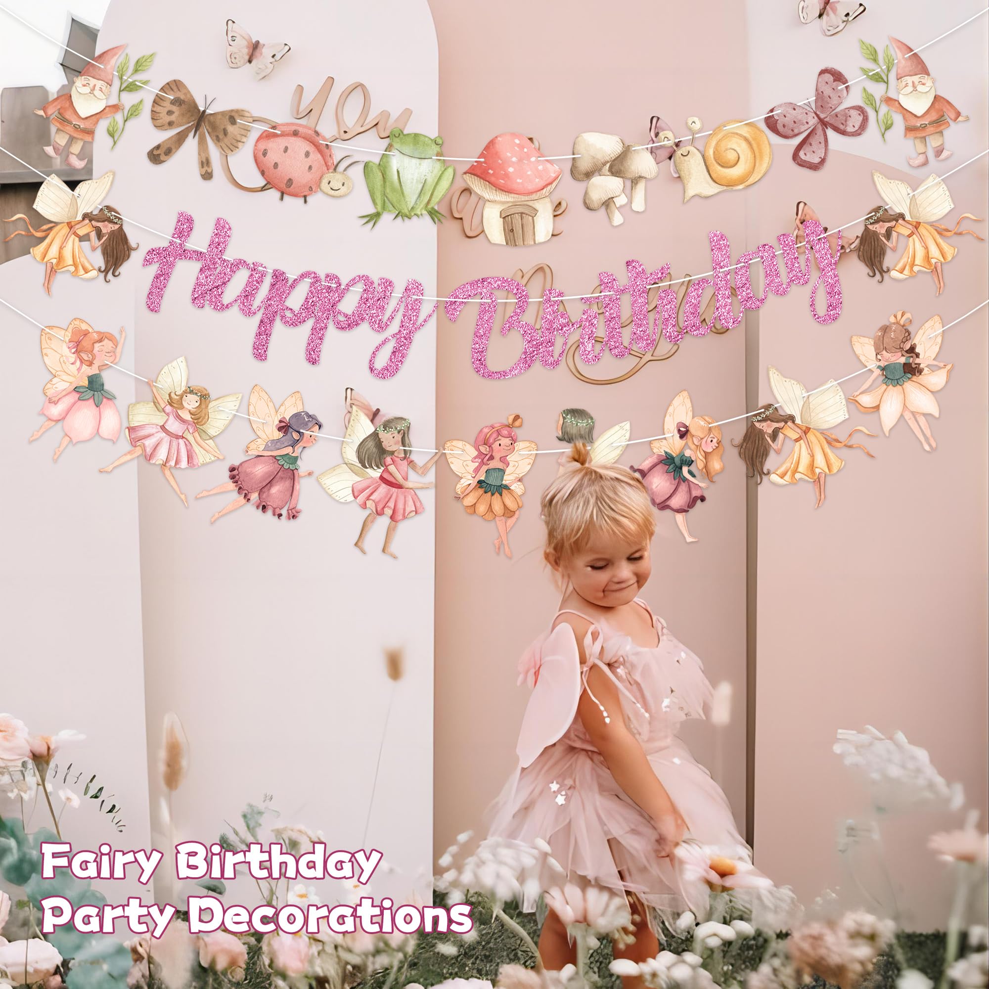 Fairy Happy Birthday Banner Pink - 3pcs Glitter Wonderland Garden Fairy Banner Garlands for Little Girl, NO DIY, Perfect for Whimsical Fairy Tale Themed Birthday Celebration Event Decorations