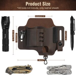 Multitool Sheath for Belt, Leather EDC Pocket Organizer with 3 Hooks, Flashlight Holster, Pen & Keys Holder, Knife Sheath for Daily & Outdoor Use, EDC Tool Pouch for Men, Brown