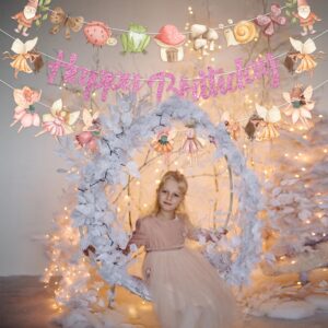 Fairy Happy Birthday Banner Pink - 3pcs Glitter Wonderland Garden Fairy Banner Garlands for Little Girl, NO DIY, Perfect for Whimsical Fairy Tale Themed Birthday Celebration Event Decorations