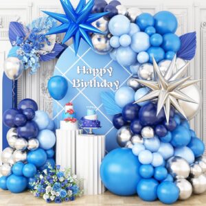 blue silver balloon arch garland kit, navy blue silver blue pastel blue latex party balloon with silver blue star foil balloon for birthday baby shower wedding graduation anniversary party decor