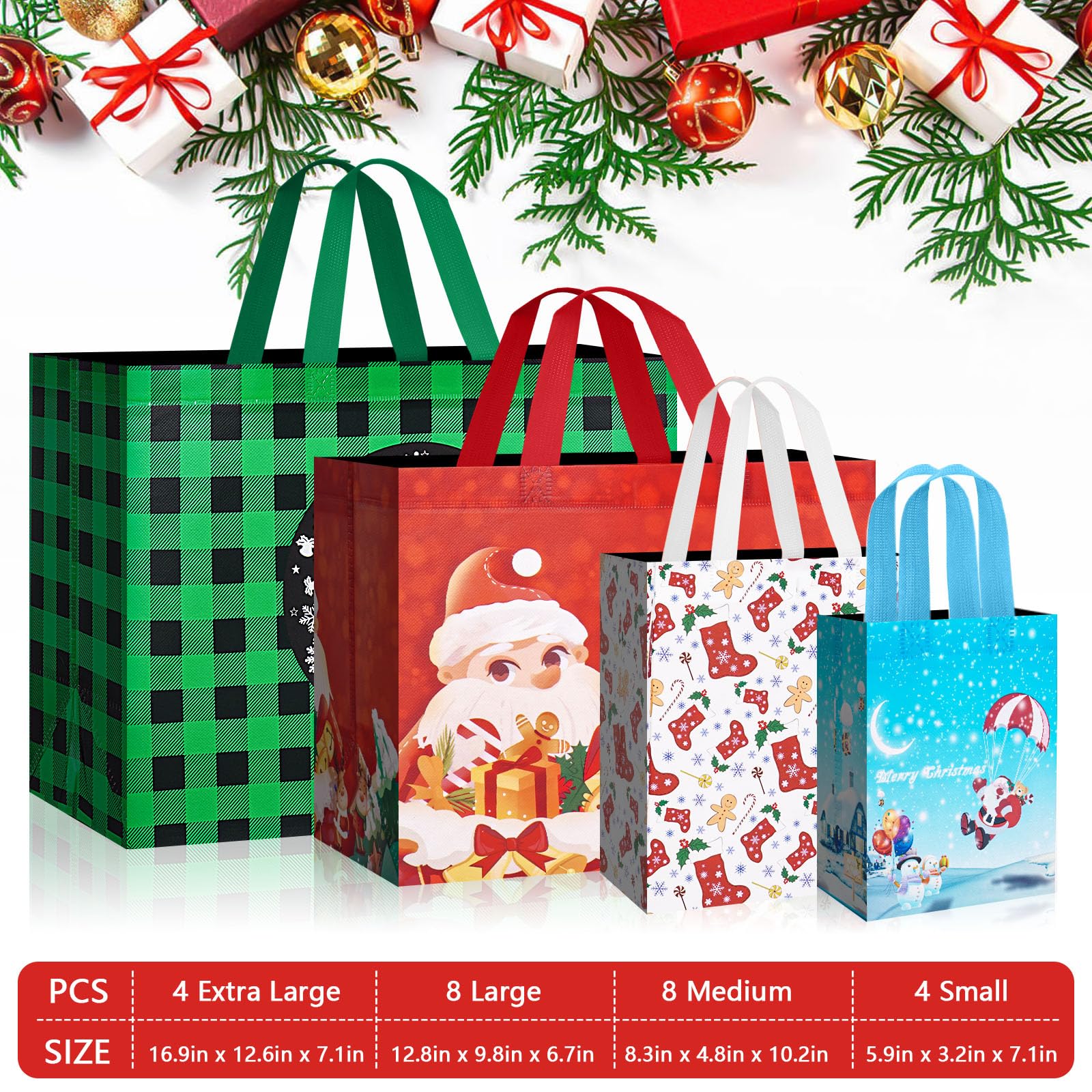 24 Pack Christmas Gift Bags Assorted Sizes with Handle, Reusable Tote Gift Bags Includes 4 Extra Large, 8 Large, 8 Medium, 4 Small, Non-Woven Christmas Bags for Gifts Xmas Party Holiday Favors