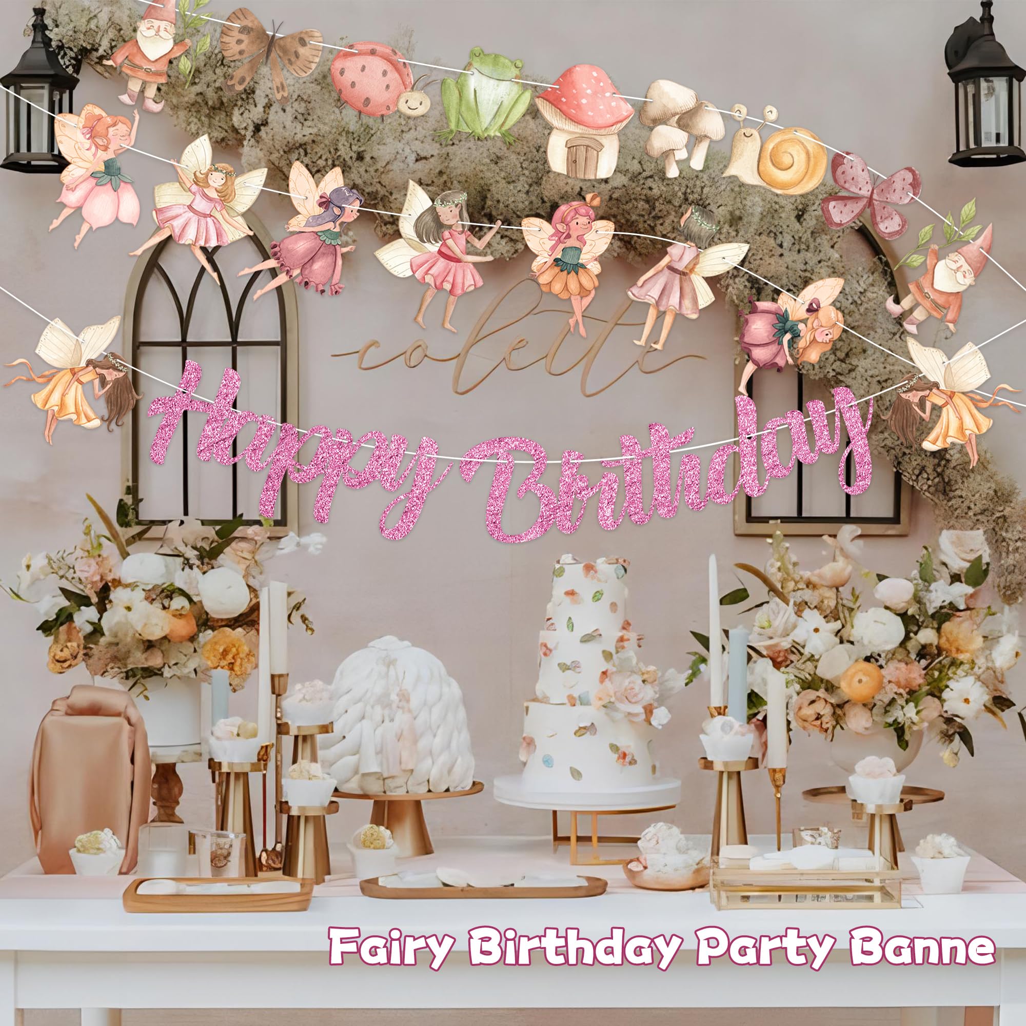 Fairy Happy Birthday Banner Pink - 3pcs Glitter Wonderland Garden Fairy Banner Garlands for Little Girl, NO DIY, Perfect for Whimsical Fairy Tale Themed Birthday Celebration Event Decorations