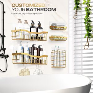 Luxury Style Stainless Steel Shower Caddy Set - Rustproof, Durable, and Adhesive Hanging Bathroom Organizer Kit with 5 Pieces | Shower Caddy Organizer | Bathroom Decor (Luxury Gold)