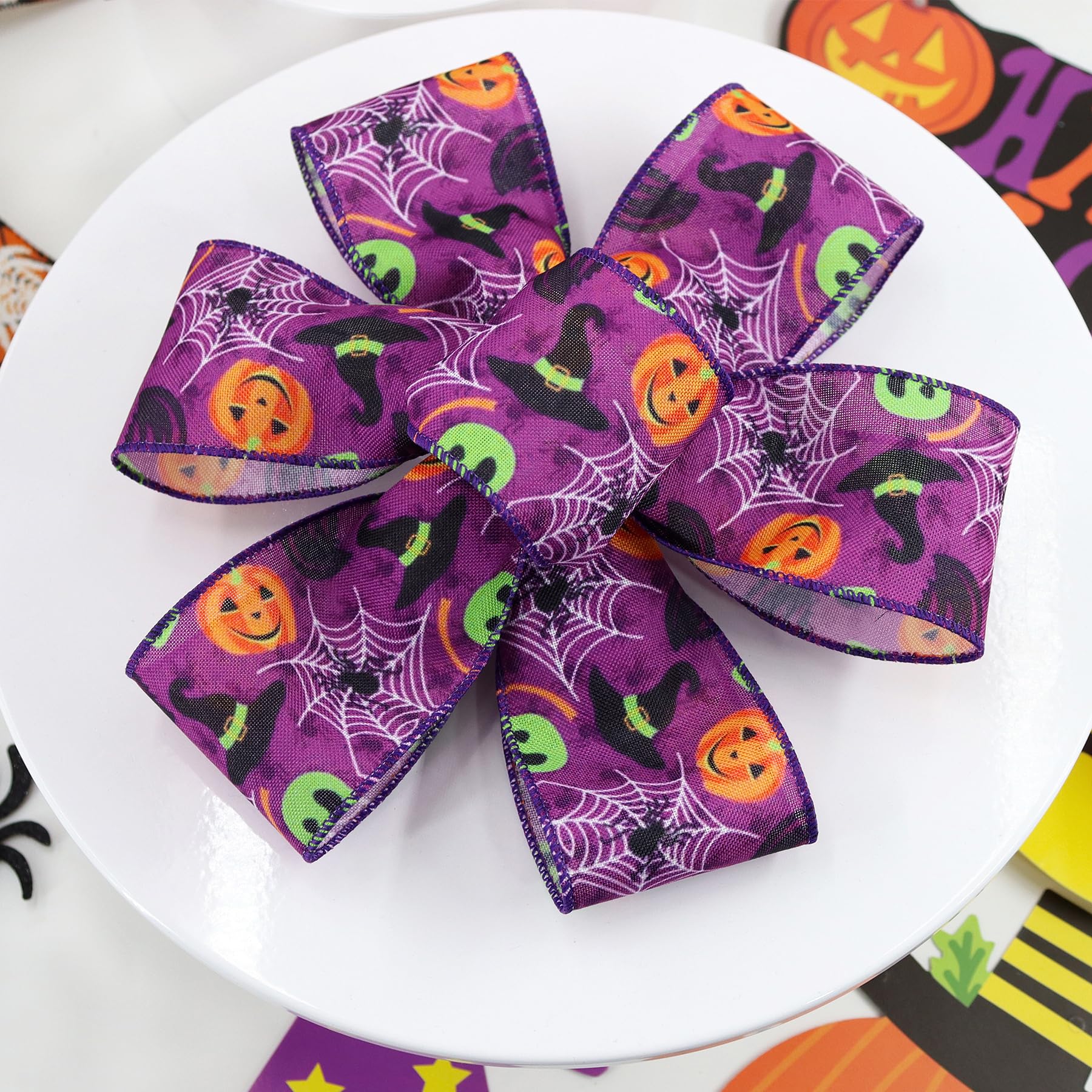 3 Rolls 15 Yards Halloween Ribbon Wired Edge Ribbons 2.5 inchSpider Web Skull Pumpkin Ribbons ，Purple Orange Black Burlap Ribbon ，for Wreath Home Party DIY Craft Floral Bow Decoration Supplies