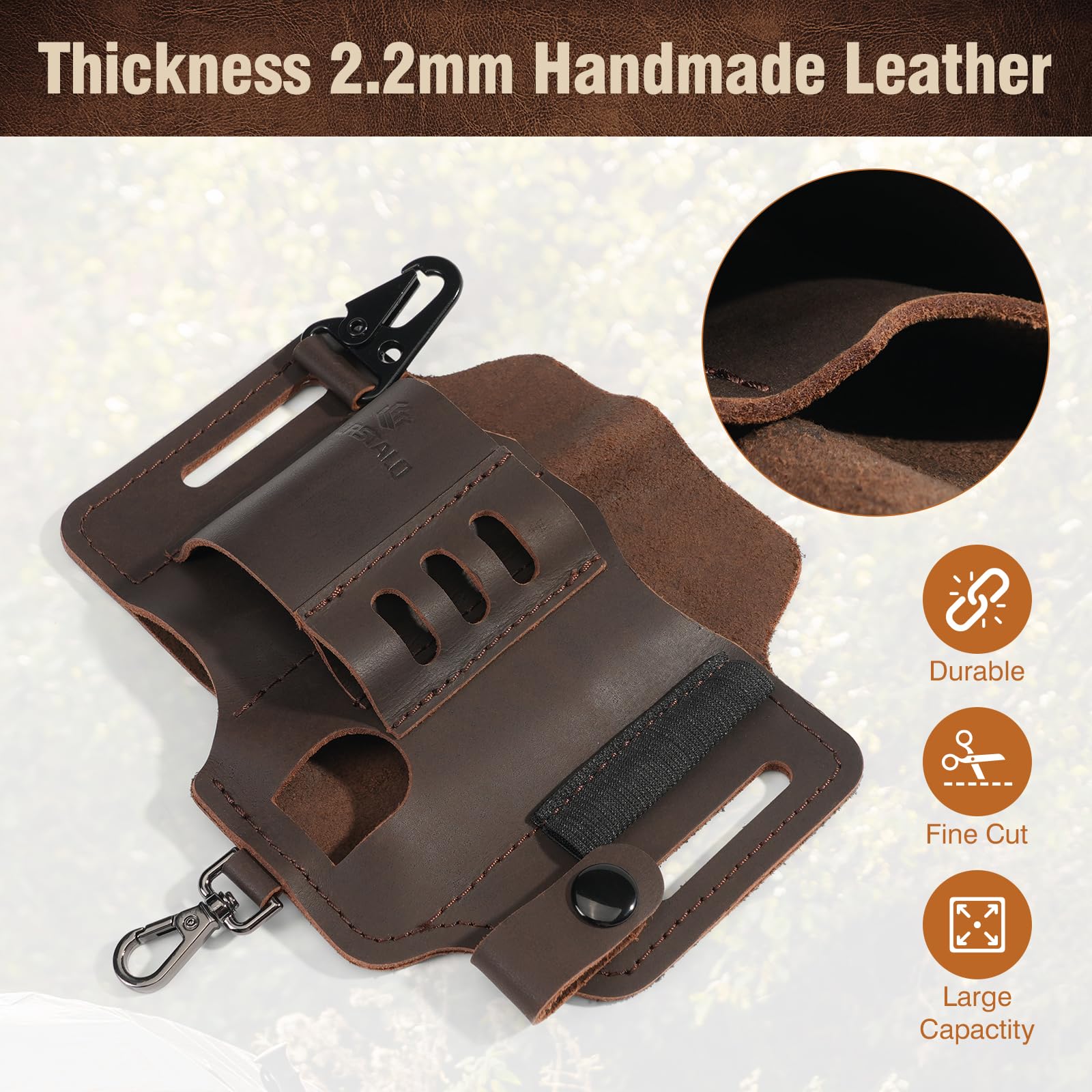 Multitool Sheath for Belt, Leather EDC Pocket Organizer with 3 Hooks, Flashlight Holster, Pen & Keys Holder, Knife Sheath for Daily & Outdoor Use, EDC Tool Pouch for Men, Brown