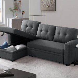 Wakefit Reversible Sectional Sofa Couch, Sleeper Sofa Bed with Storage Chaise Pull Out Couch Bed for Living Room | Hidden Stroge | Pull Out Bed | Removable Backrest | Linen Fabric, Dark Grey