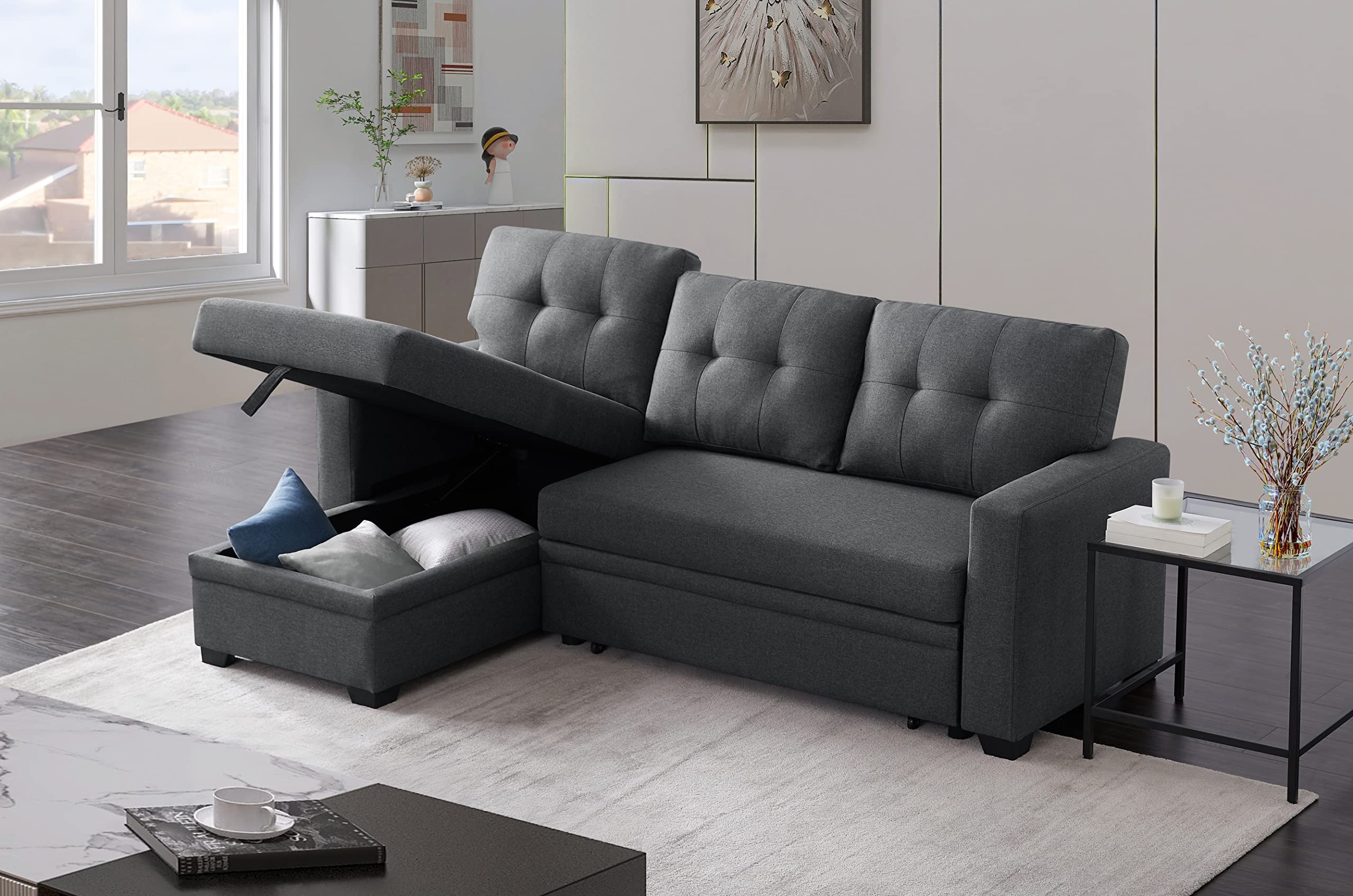 Wakefit Reversible Sectional Sofa Couch, Sleeper Sofa Bed with Storage Chaise Pull Out Couch Bed for Living Room | Hidden Stroge | Pull Out Bed | Removable Backrest | Linen Fabric, Dark Grey