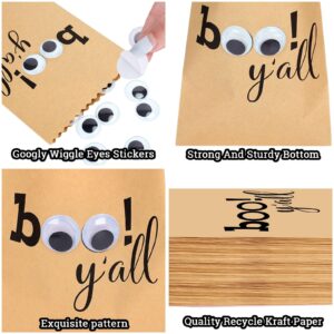 JarThenaAMCS 50Pcs Halloween Treat Bags with Self-Adhesive Wiggle Eyes Stickers Boo Y'all Candy Goodie Bags Kraft Paper Buffet Bags for DIY Crafts Party Supplies