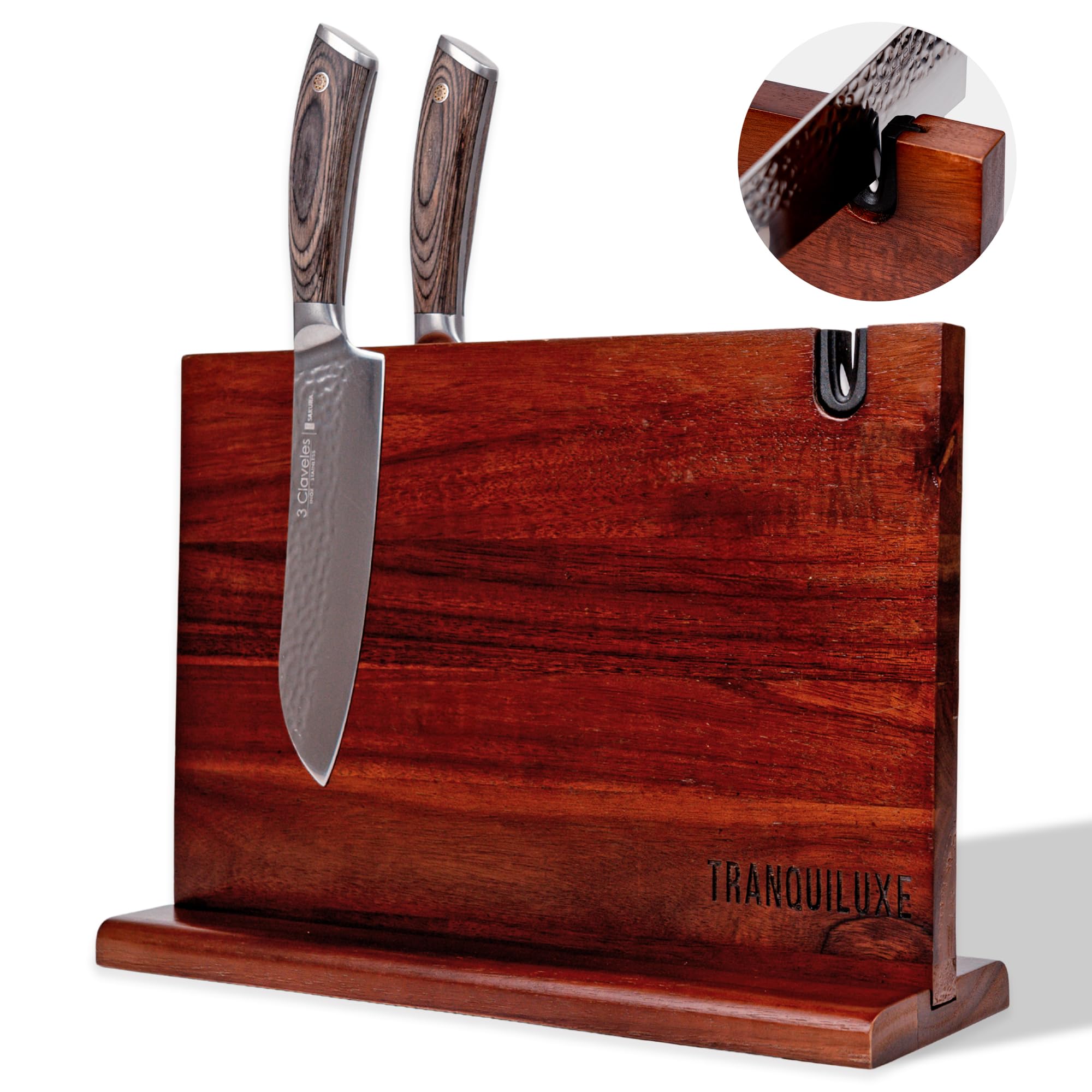 Tranquiluxe Magnetic Knife Block - Double Sided Magnetic Knife Holder, 14 x 10 Inches Kitchen Knife Block Acacia Wood Magnetic Knife Holder Stand with Knife Sharpener Knife Block without Knives