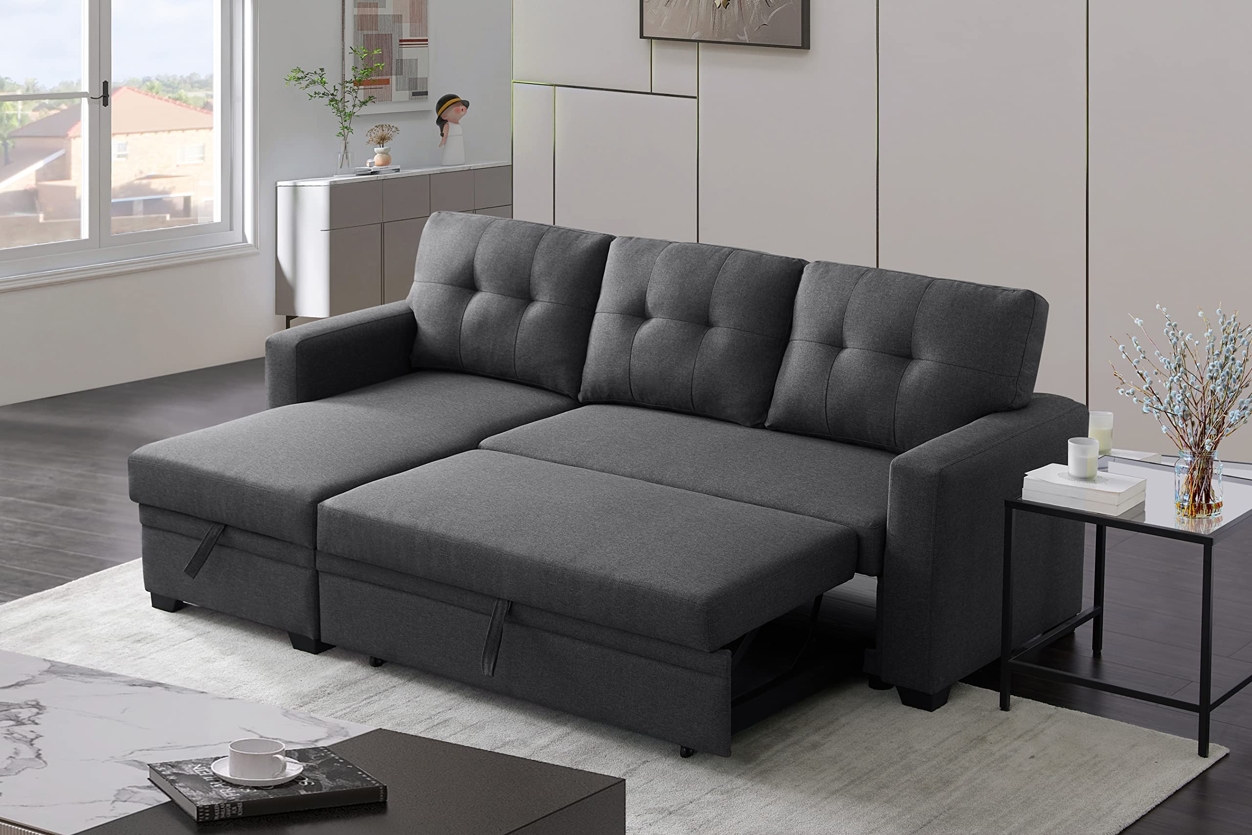 Wakefit Reversible Sectional Sofa Couch, Sleeper Sofa Bed with Storage Chaise Pull Out Couch Bed for Living Room | Hidden Stroge | Pull Out Bed | Removable Backrest | Linen Fabric, Dark Grey